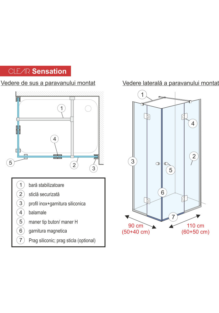 Cabina de dus colt 90x120 sticla mata, 8 mm, model: CLEAR SENSATION