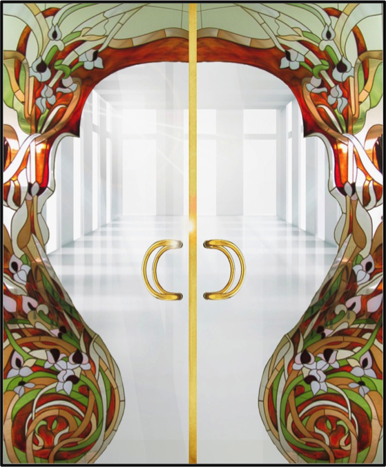 Vitraliu cu ghirlande de flori in forma de bolta